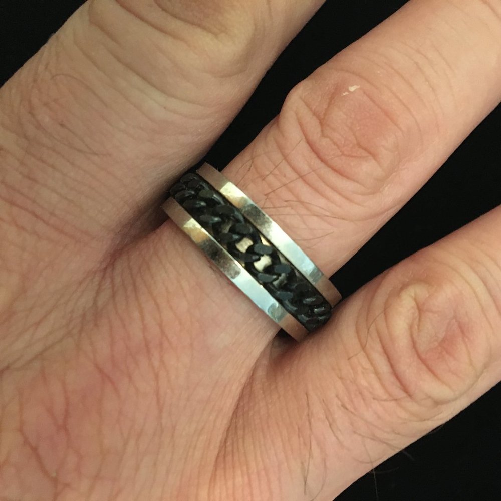 Men's Ring Spinning Revolving Black Chain Silver Band… - Gem